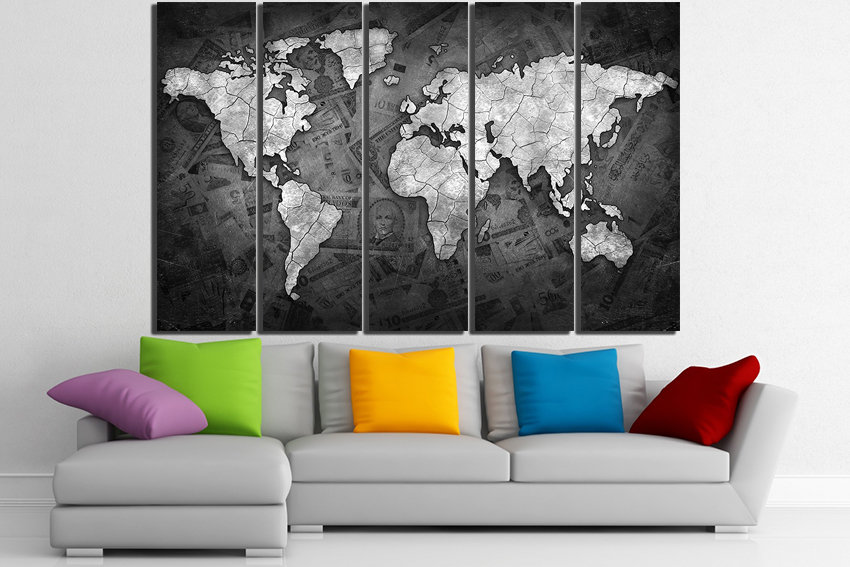 World Map Money Split Canvas Map Print World Map Art Map on Canvas ...