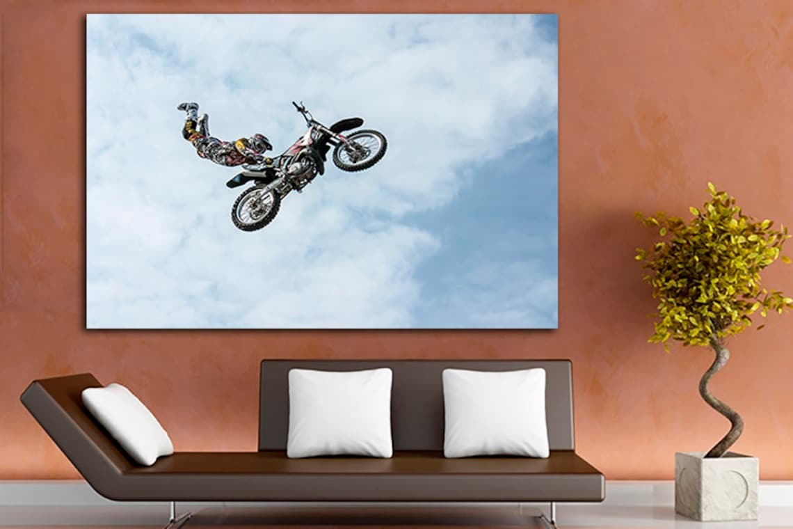 Biker print canvas Mountain bike art Sport wall art Jump bike | Etsy