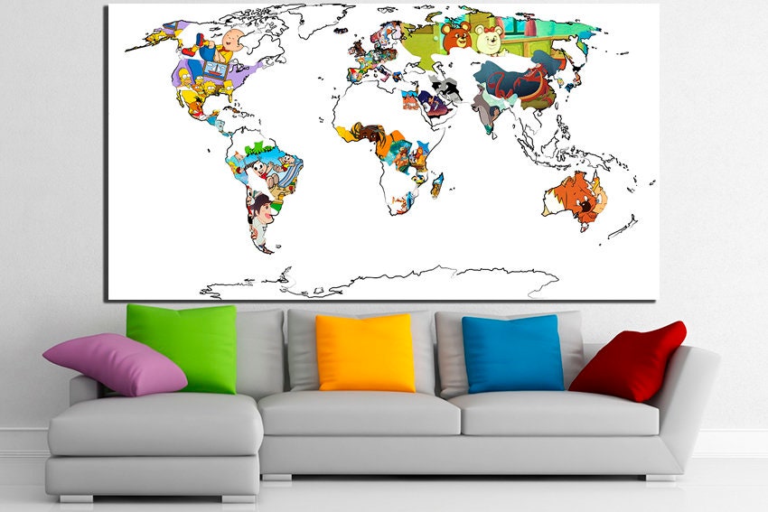Cartoon Characters World Map Print Cartoons World Map World Map Canvas ...