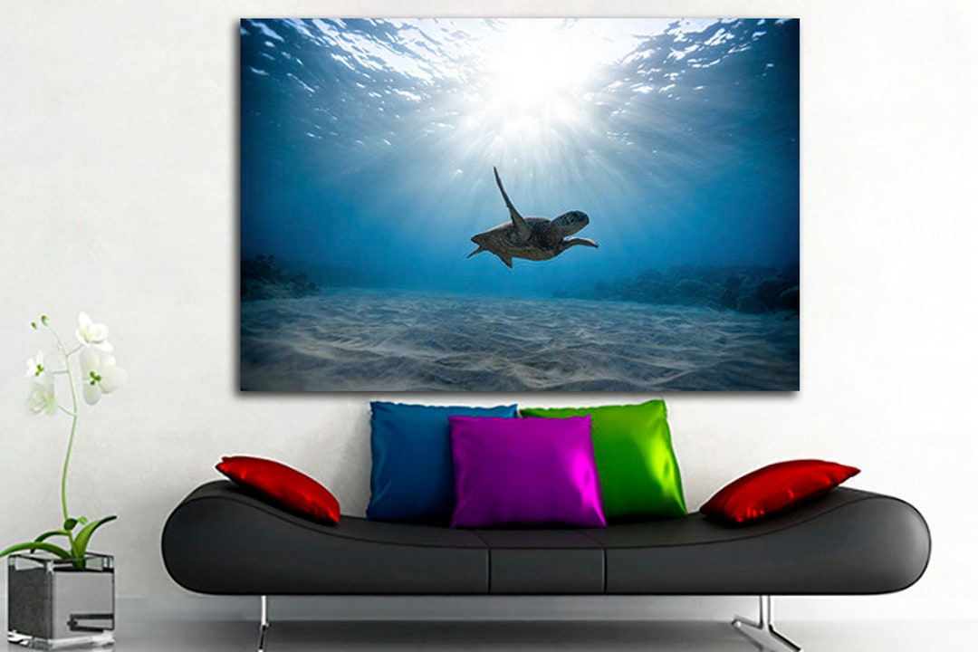 Swimming Turtle Print Sun Underwater Art Nautical Wall Décor Seascape ...