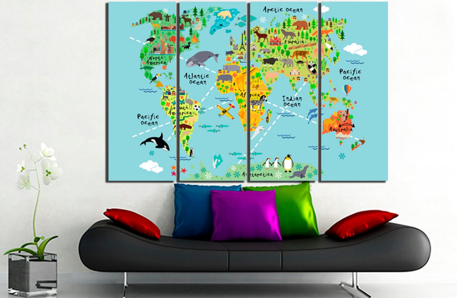 Large Canvas Set World Map Animals Kids Map Art Nursery World Map Baby ...