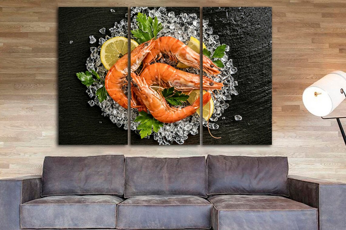 Shrimp canvas Seafood wall art Lemon print Food wall art Sea | Etsy