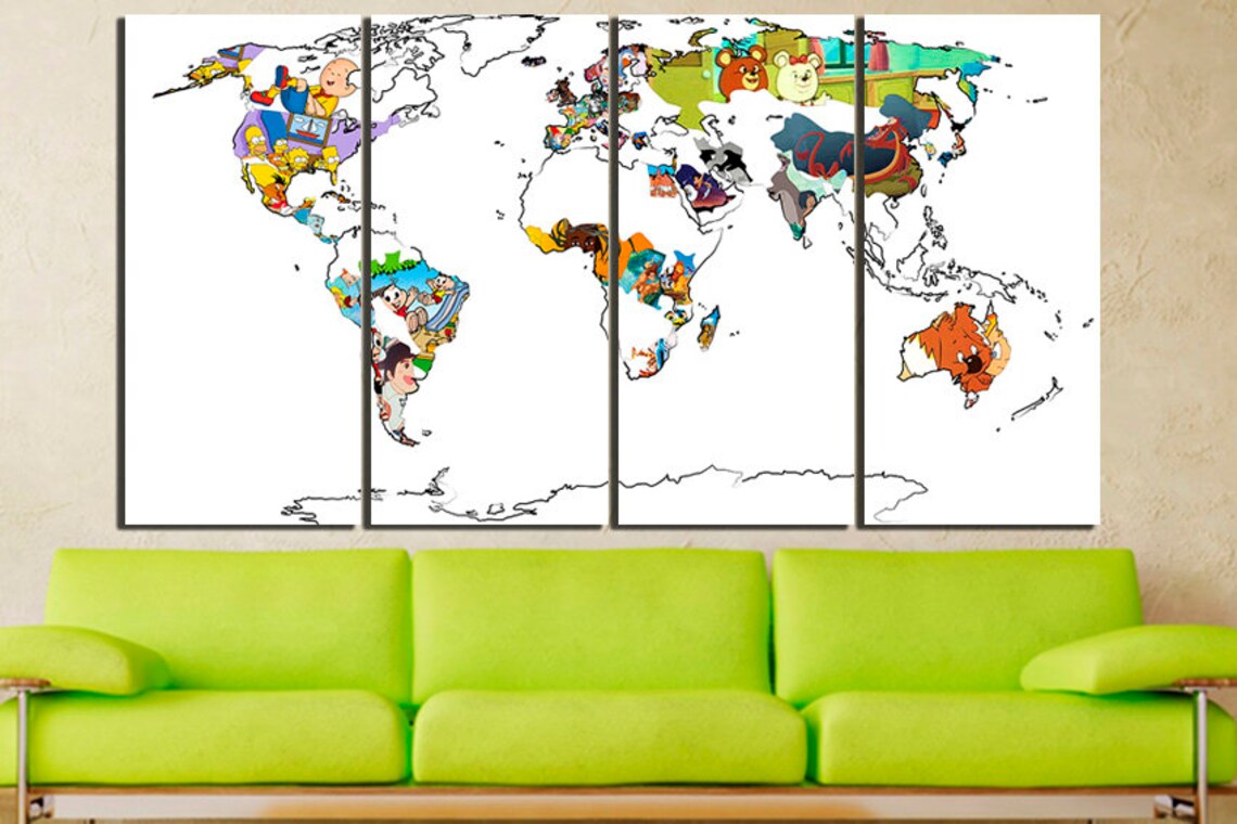 Cartoon Characters World Map Print Cartoons World Map World Map Canvas ...