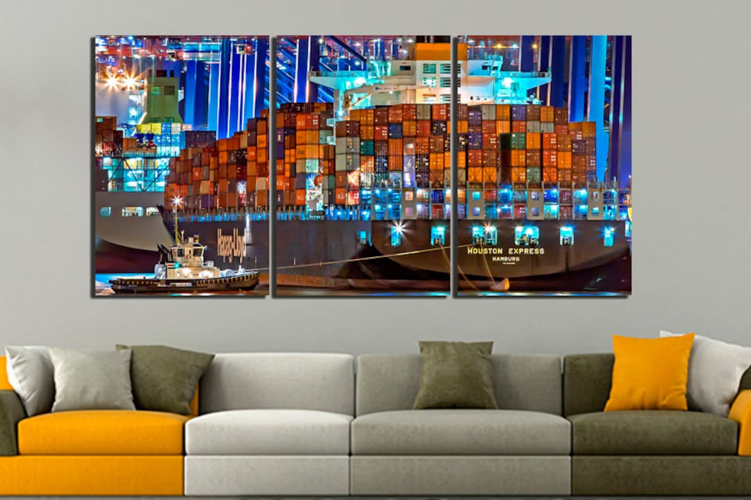 Cargo Ship at Night Seaport Wall Print Canvas Container Shipping Art ...