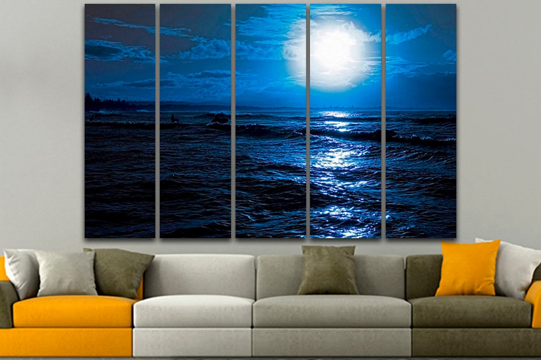Sea Wall Art Moon Decor Sea Print Split Canvas Surfer Canvas Set Moon ...