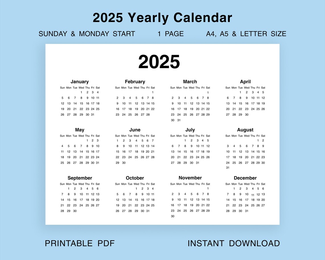 Printable Calendar 2025, Digital Download Calendar 2025, Minimalist ...