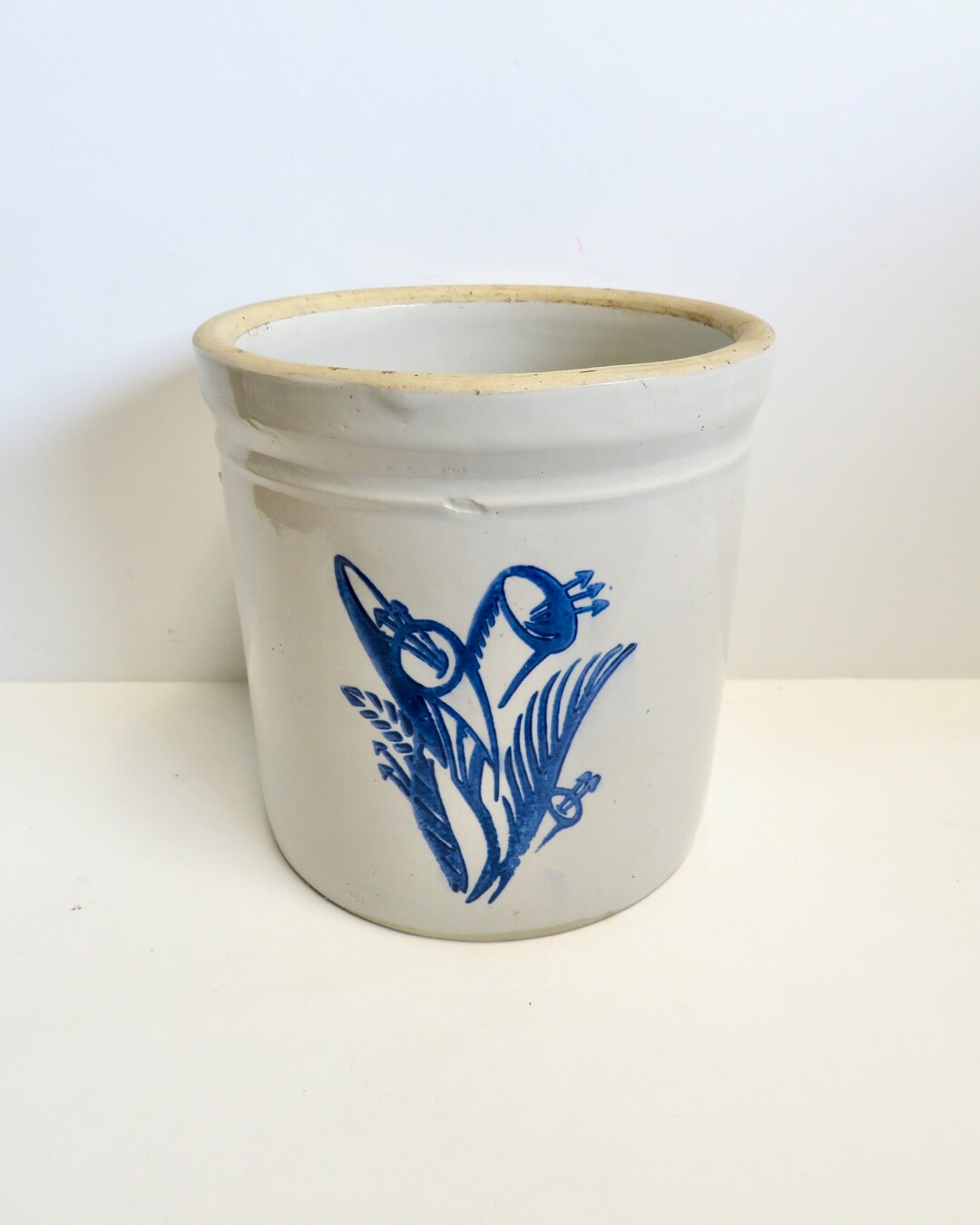 Vintage 1910s 1920s Western Salt Glaze Crock With Cobalt Blue Lily ...