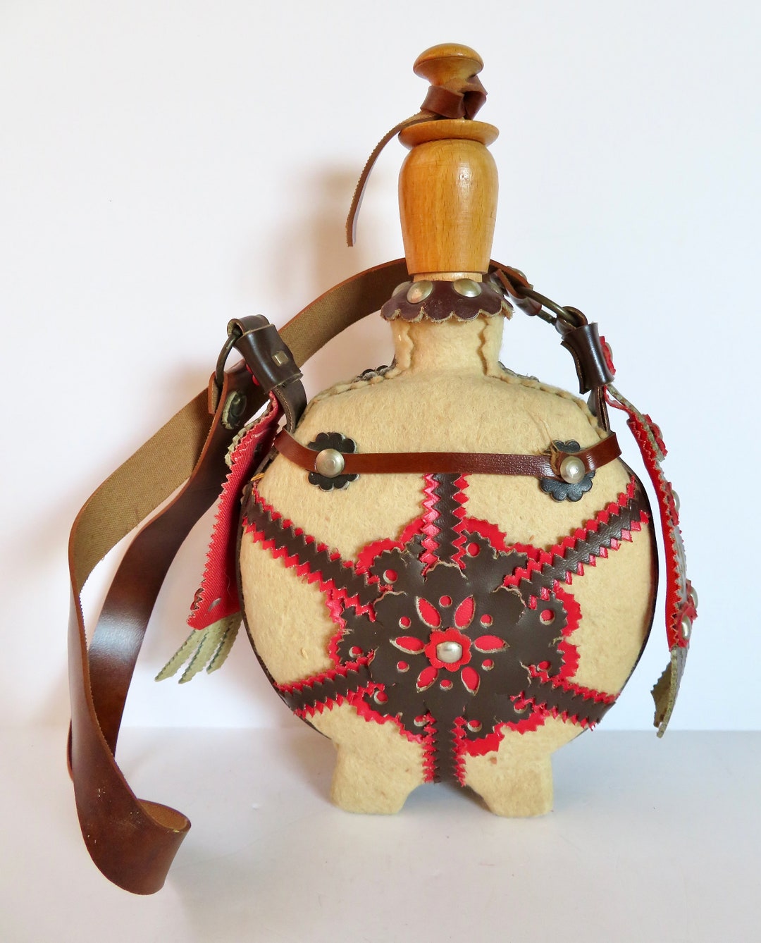 Vintage 60s 70s Hungarian Folkloric Wool and Leather Water Bottle Flask ...