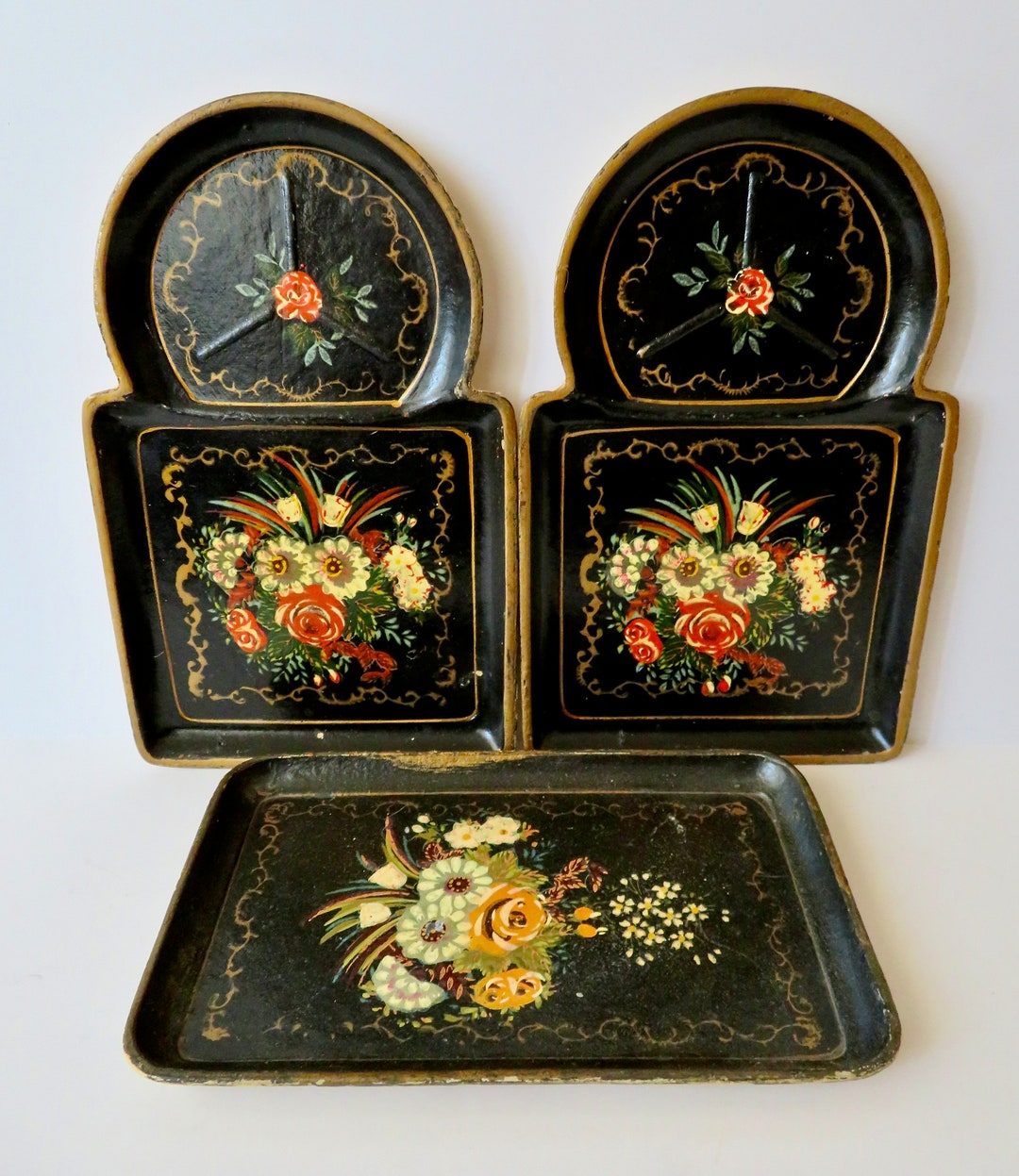 Vintage 50s 60s Set of 3 Small Paper Mache Snack Trays - Hand Painted ...