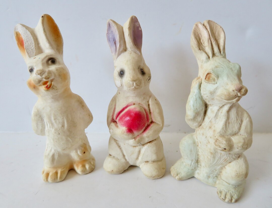 Vintage 40s 50s Set of 3 Mini Small Chalk Ware Plaster Bunny Rabbit ...