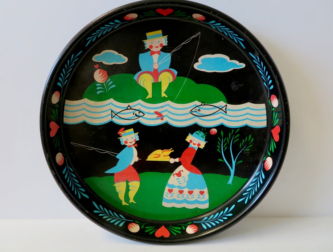 Vintage 50s 60s Mason Ware Brand Folkloric Dutch Metal Tin Litho Round ...