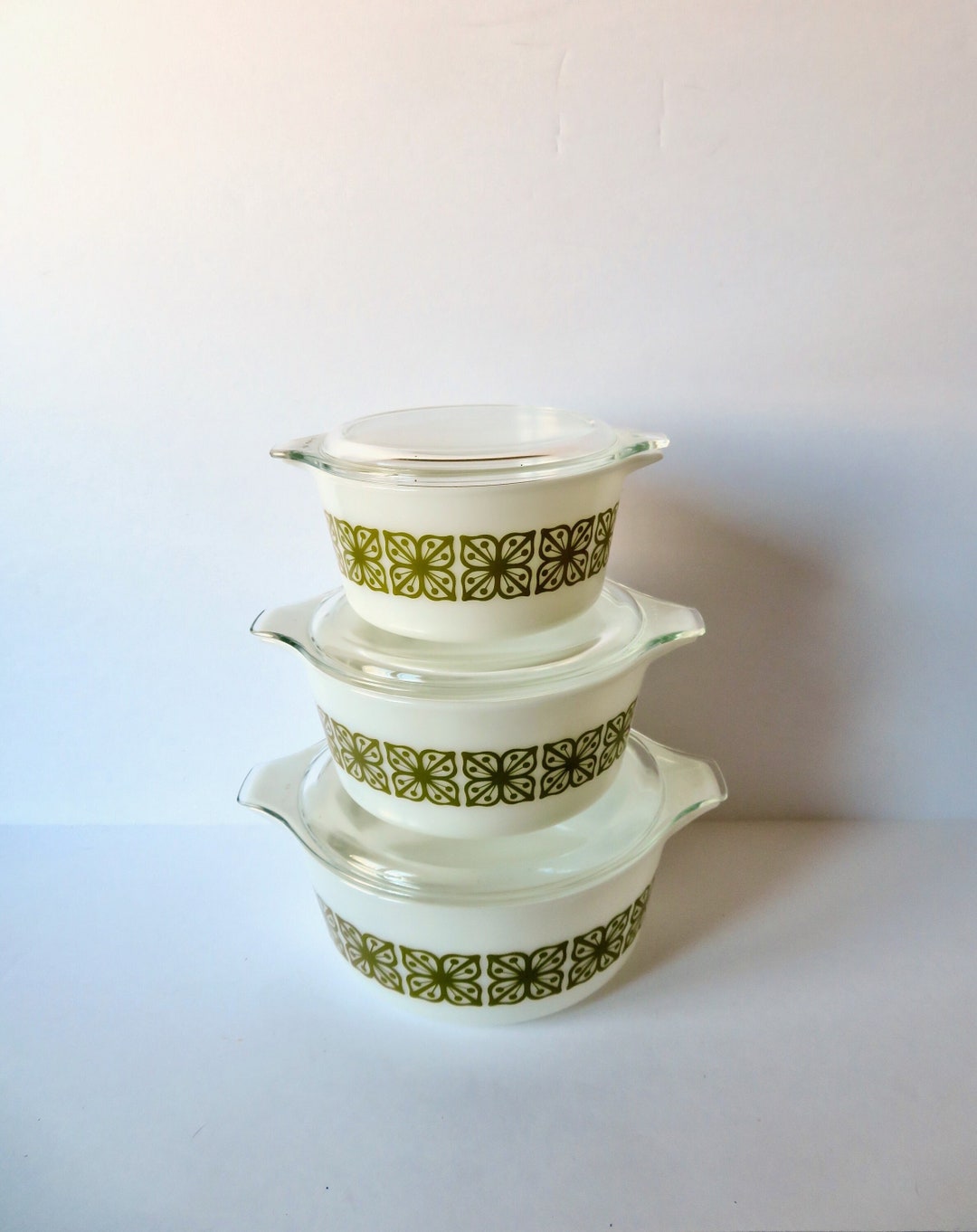 Vintage 60s 1960s Mid Century Set of 3 Three Pyrex Autumn Floral Verde ...
