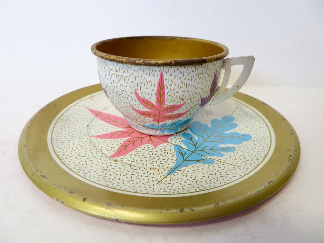 Vintage 50s 60s Ohio Art Tin Metal Teacup and Saucer Set - Mid Century ...