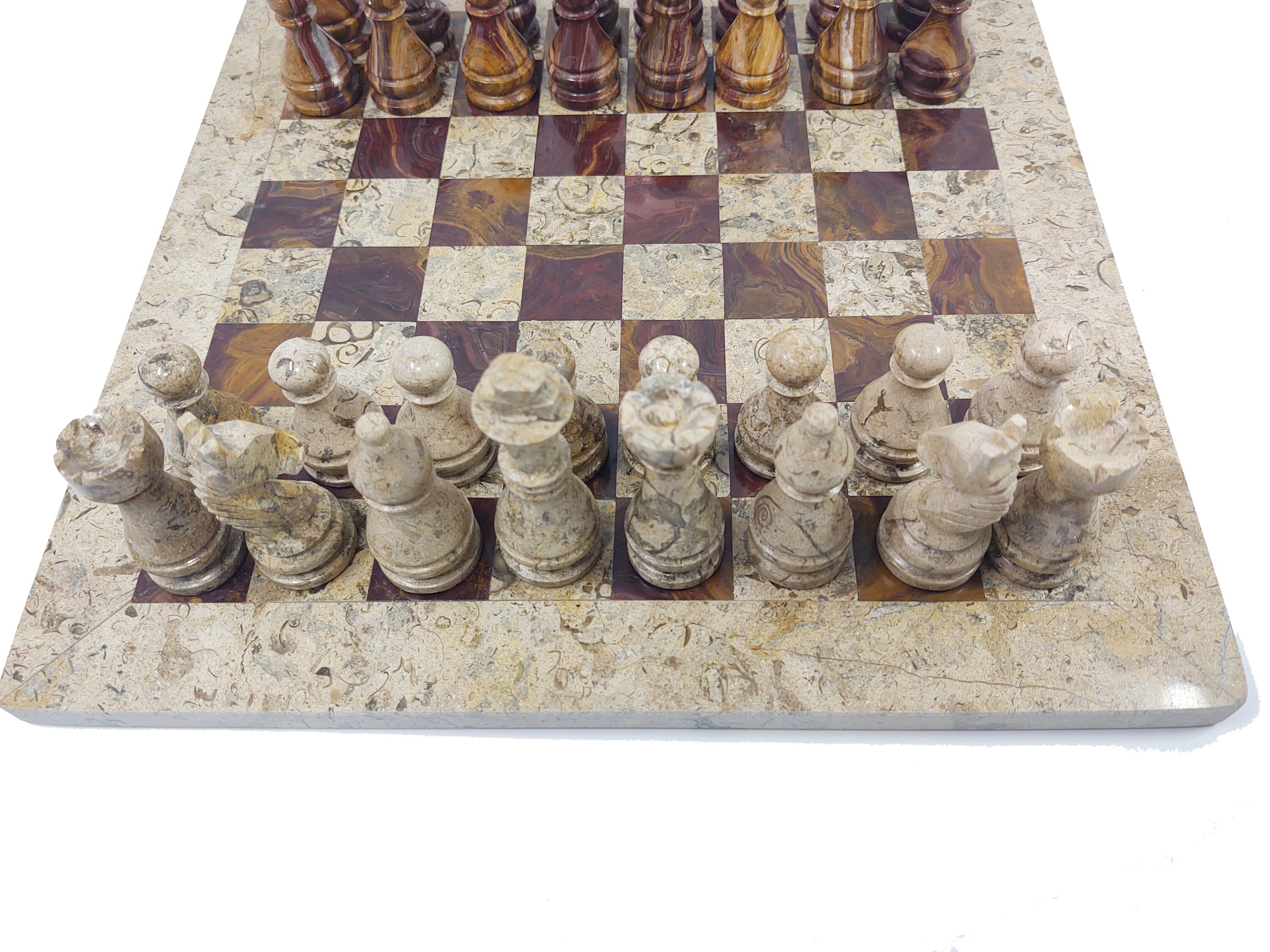 JT Handmade Fossil Coral and Dark Brown / Red Weighted Marble Chess ...