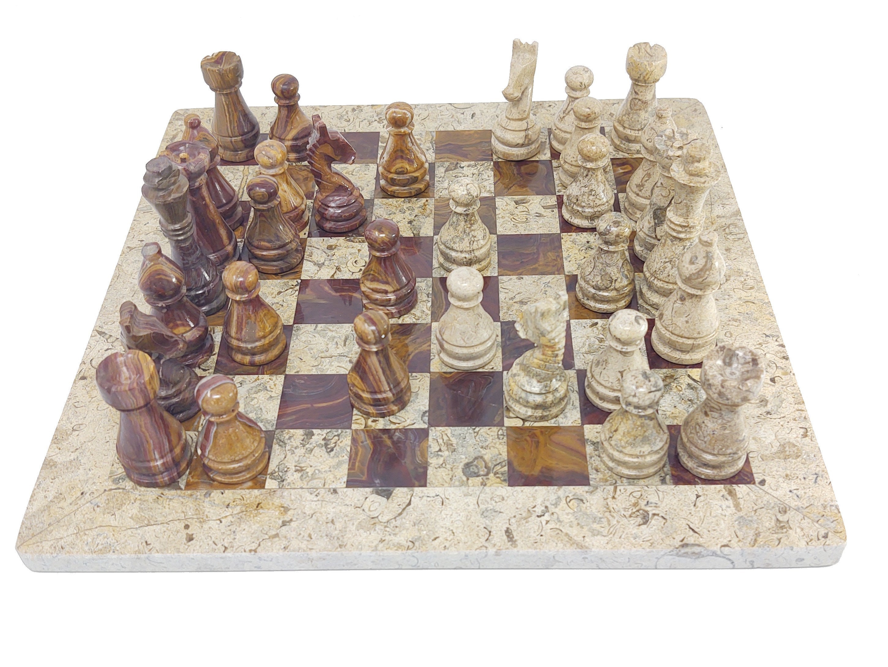 JT Handmade Fossil Coral and Dark Brown / Red Weighted Marble Chess ...
