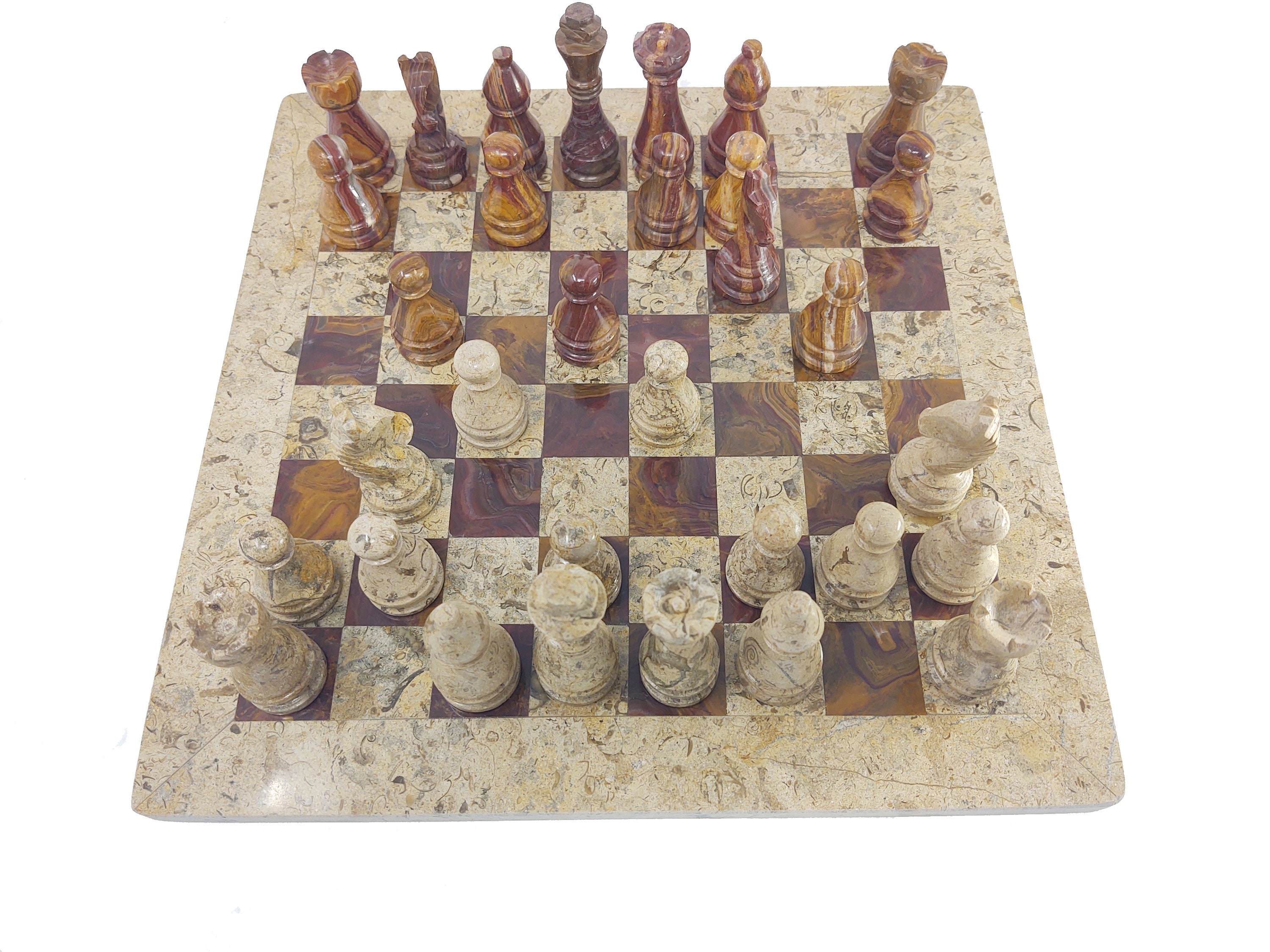 JT Handmade Fossil Coral and Dark Brown / Red Weighted Marble Chess ...