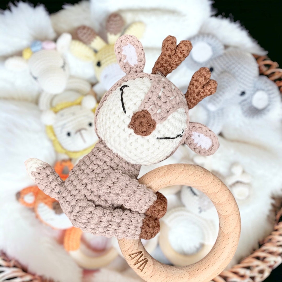 Baby Rattle Newborn, Wooden Crochet Toy Ring, Baby Gift, Knitted Rattle ...