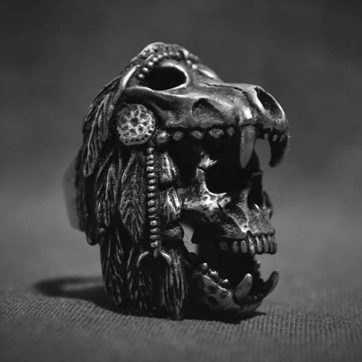 Ethnic Wolf Head Hercules Skull Ring, Handmade Lead Free Pewter Skull ...