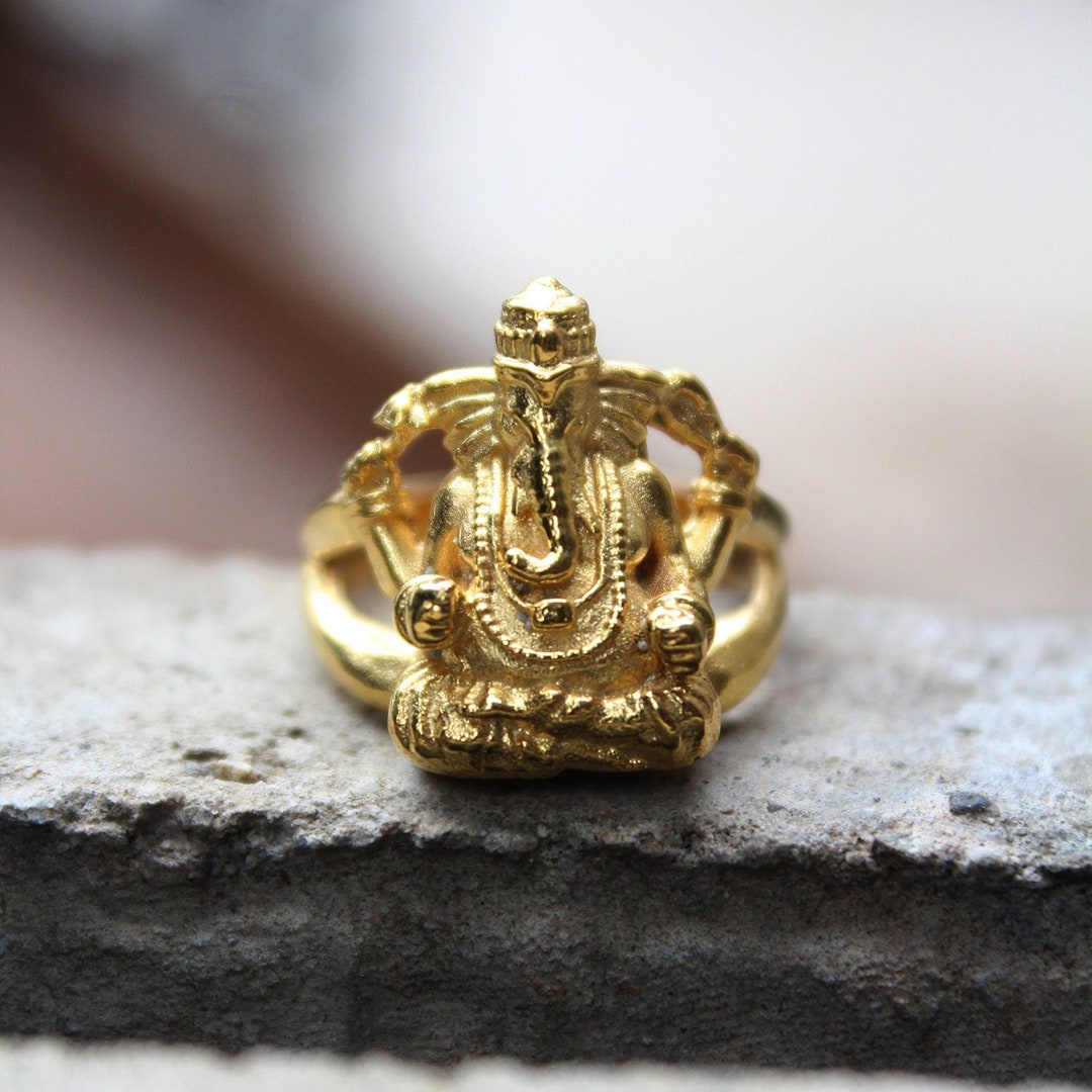 Ganesha Hindu Elephant God Ring, Handmade Yellow Brass and Gold Plated ...