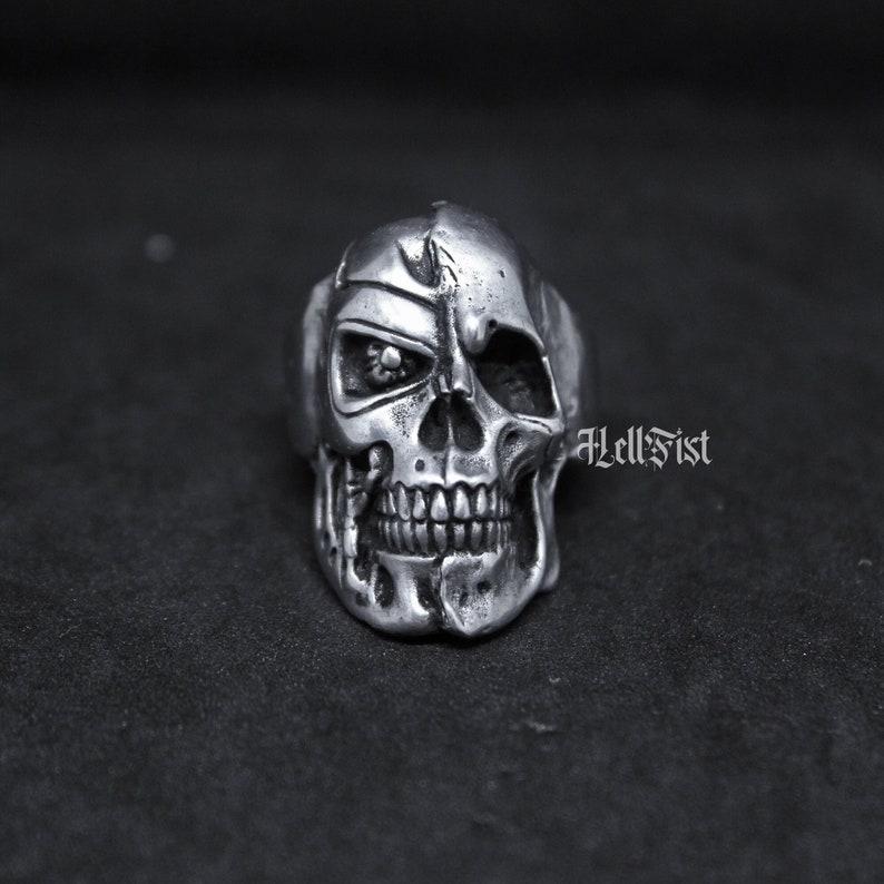 Handmade Half Face Terminator Bionic Future Robot Skull Ring, Oxidized ...