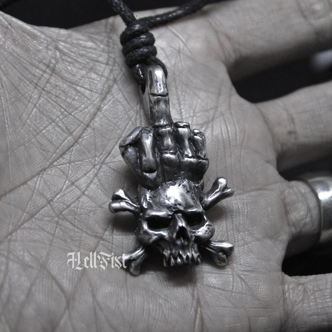 Handmade Skull Crossbones Middle Finger Insult Pendant, Oxidized Lead ...