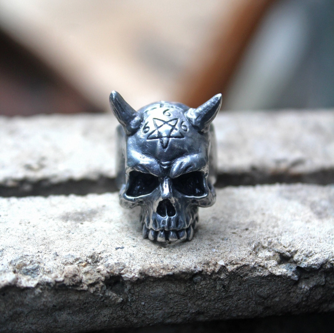 Devil Satanic 666 Jawless Skull Ring, Handmade Lead Free Pewter Skull ...
