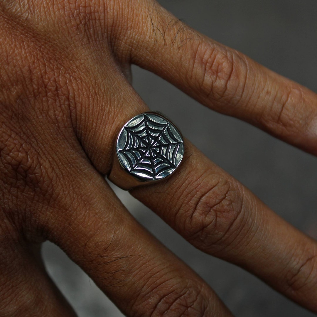 Spider Web Silver Signet Ring, Old School Tattoo Style Spider Web Ring ...