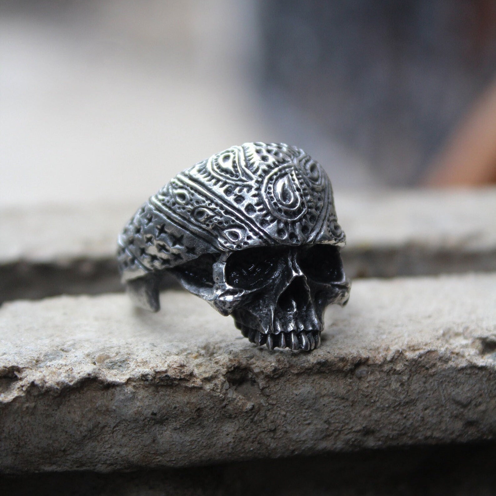Jawless Bandana Mexican Gangster Skull Ring, Handmade Lead Free Pewter ...