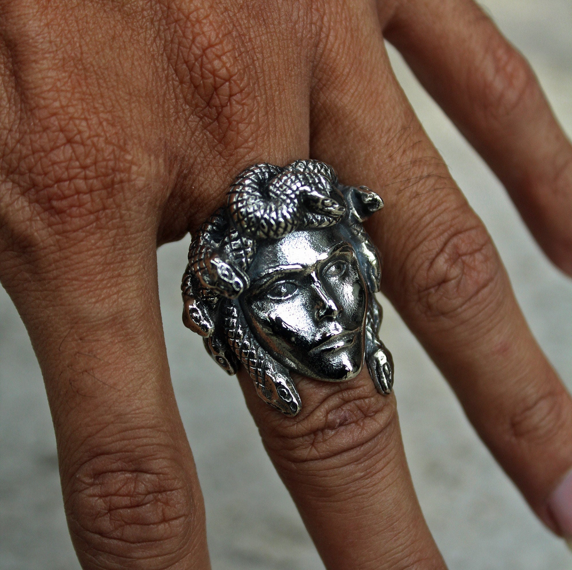 Medusa a Gorgon Monster Silver Ring, Handmade White Brass and Sterling ...