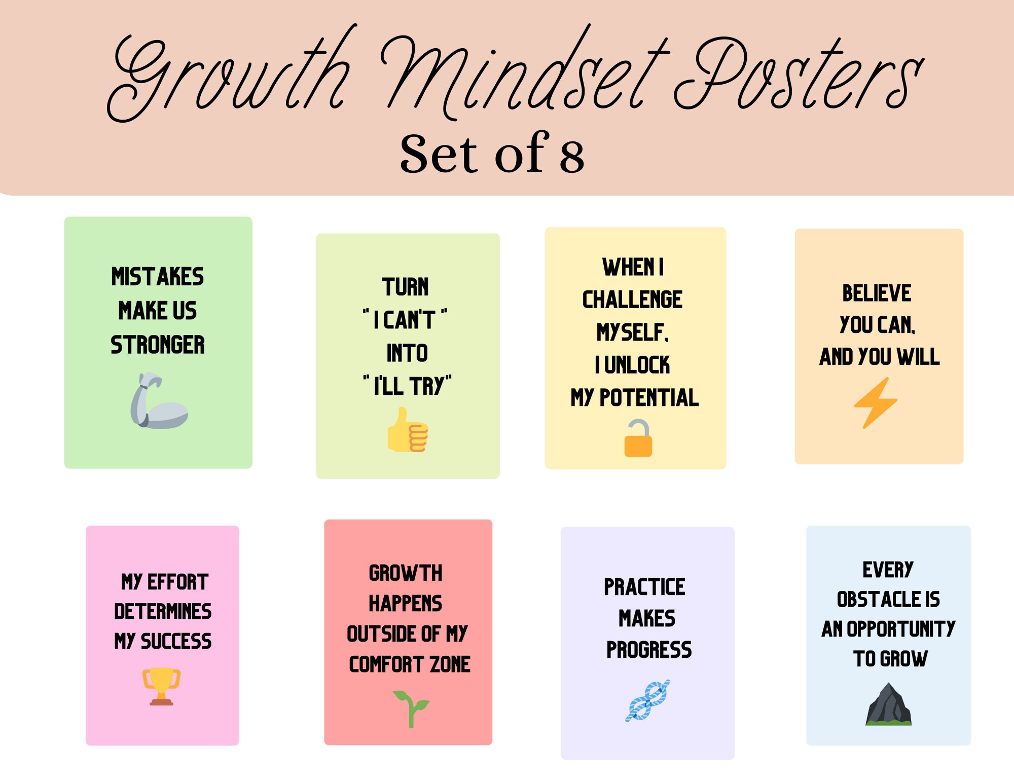 Growth Mindset Classroom Poster Set of 8, School and Classroom Decor ...