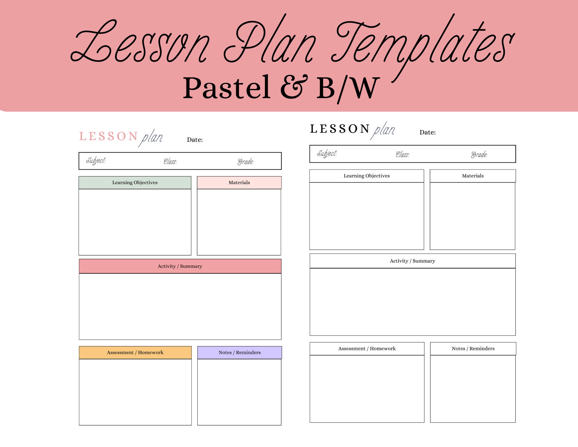 Lesson Plan Template, Teacher Plan, Pastel Color and Black & White - Etsy