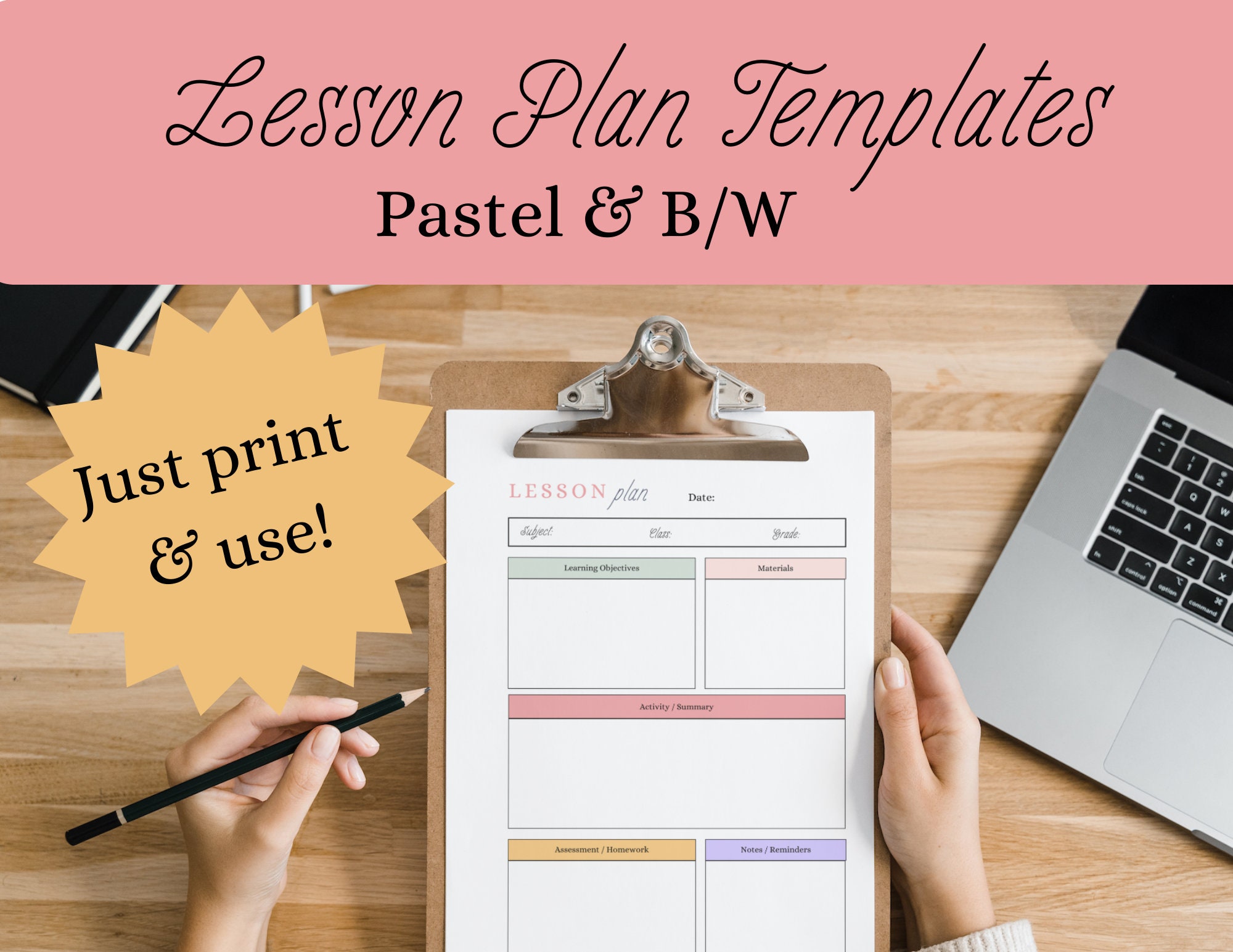Lesson Plan Template, Teacher Plan, Pastel Color and Black & White - Etsy