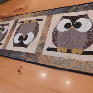 Handmade Appliqued Owl Table Topper/ Gold, Gray and Beige/ Table Runner ...