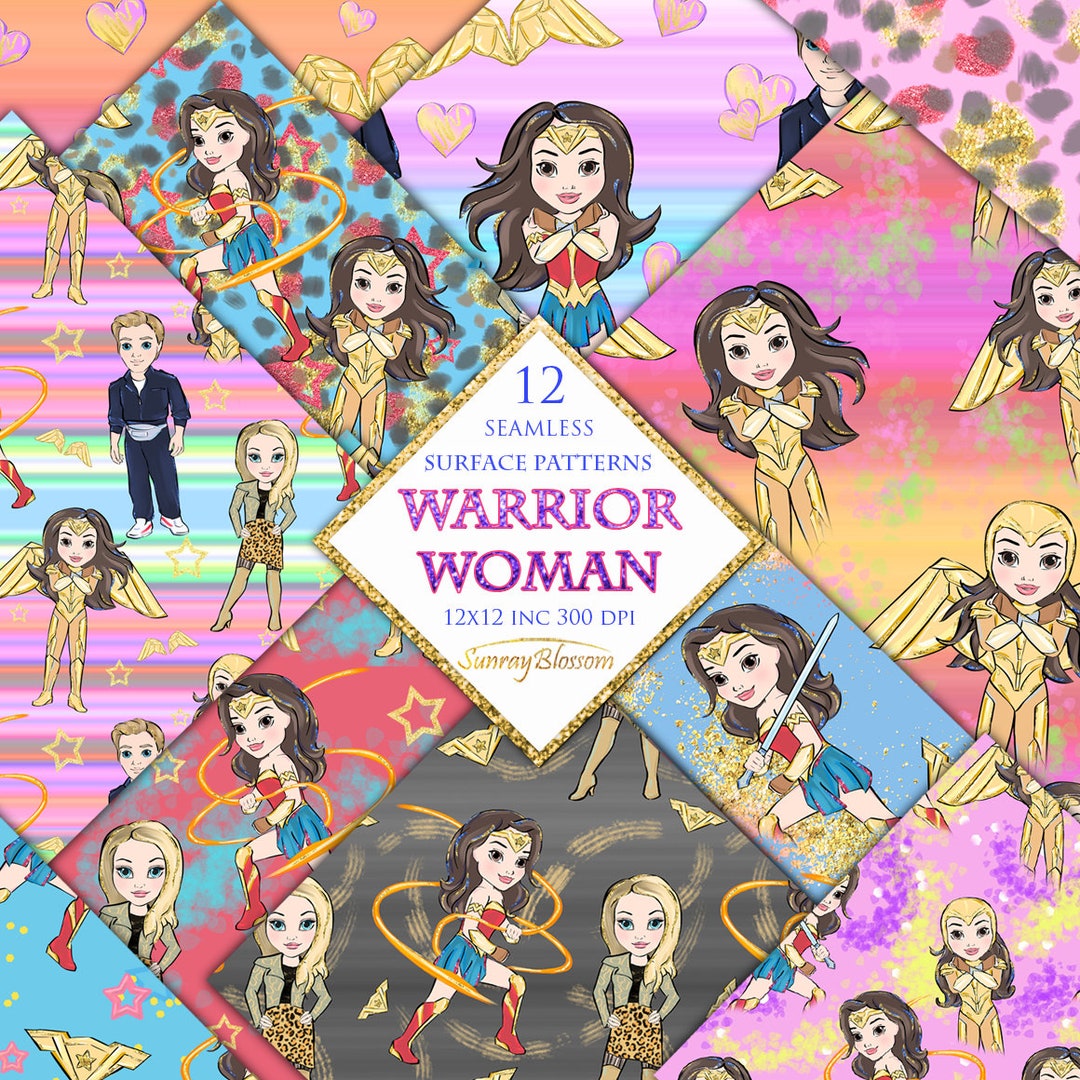 Warrior Woman Surface Patterns, Wonder Woman Inspired Digital Papers ...