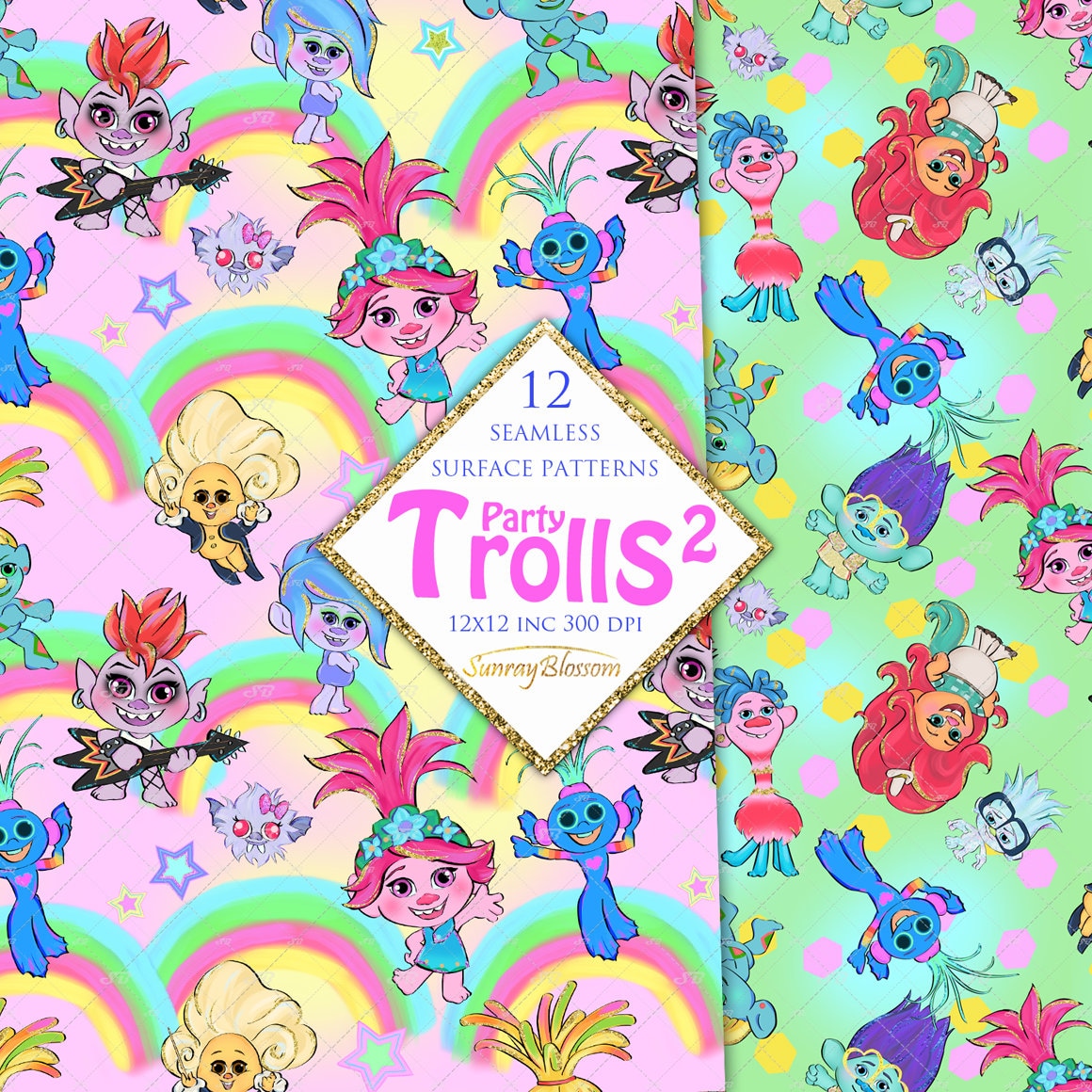 Party Trolls 2 Surface Patterns, Trolls Digital Paper, Trolls Fabric ...
