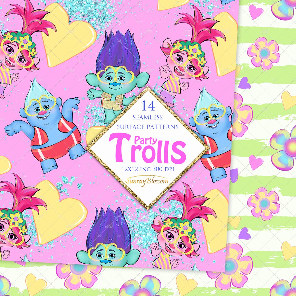 Party Trolls Surface Patterns, Trolls Digital Paper, Trolls Fabric ...