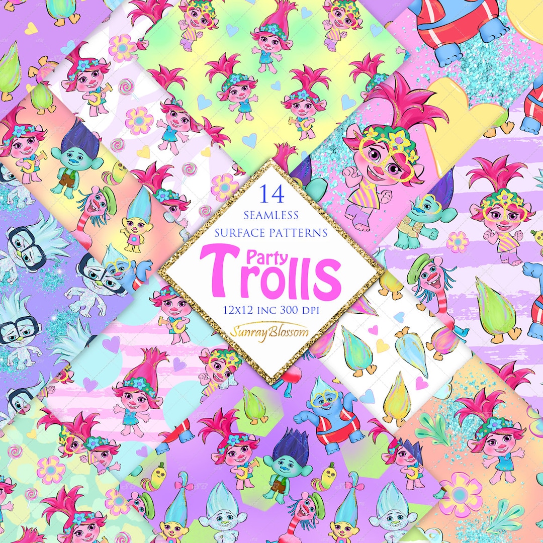 Party Trolls Surface Patterns, Trolls Digital Paper, Trolls Fabric ...