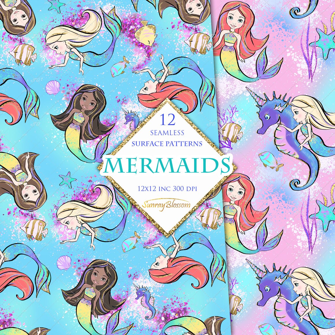 Mermaid Surface Patterns, Siren Digital Papers, Mermaids Fabric ...
