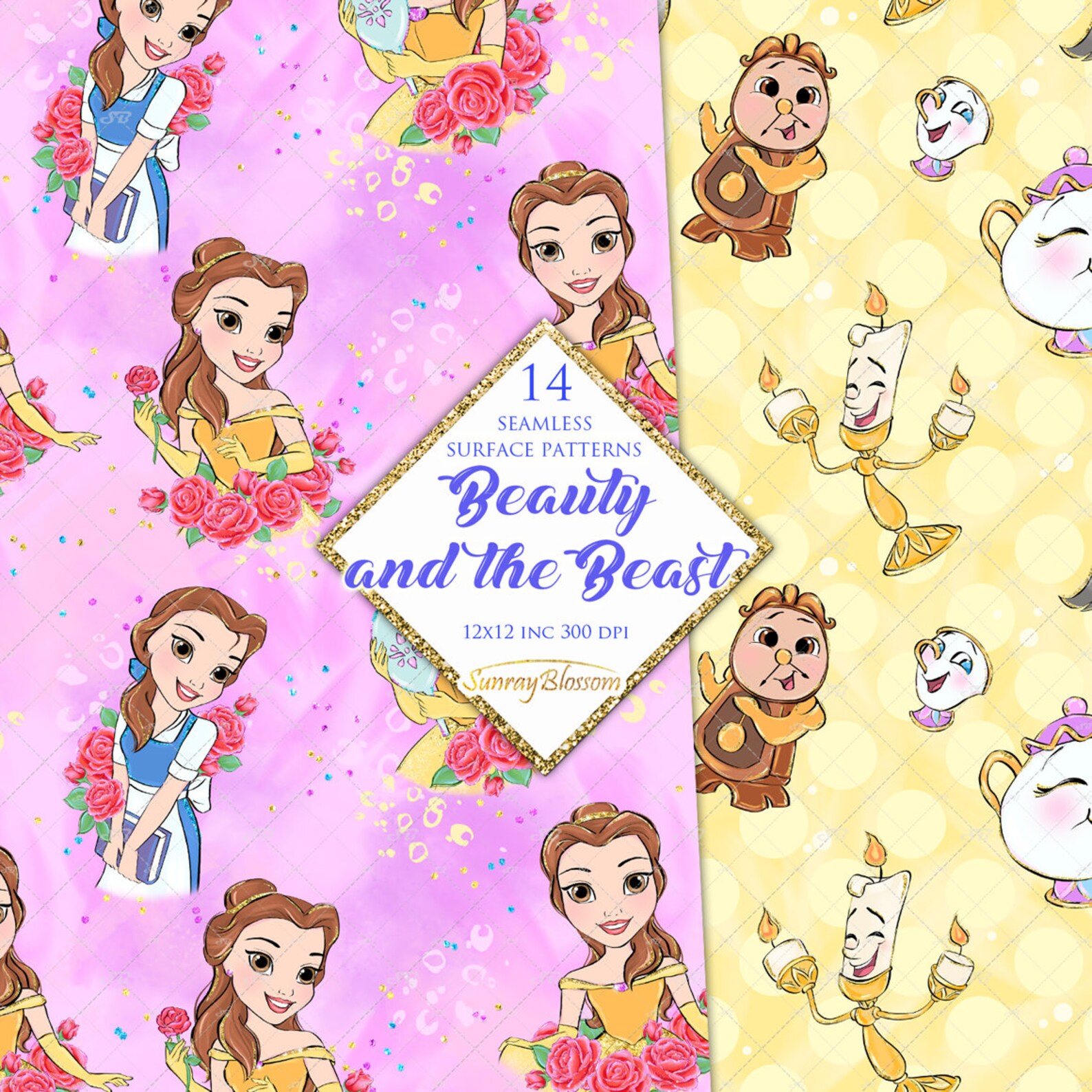 Beauty and the Beast Surface Patterns, Beauty and the Beast Seamless ...