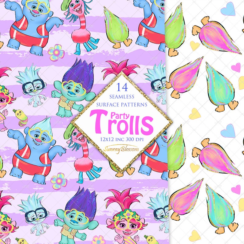 Party Trolls Surface Patterns, Trolls Digital Paper, Trolls Fabric ...
