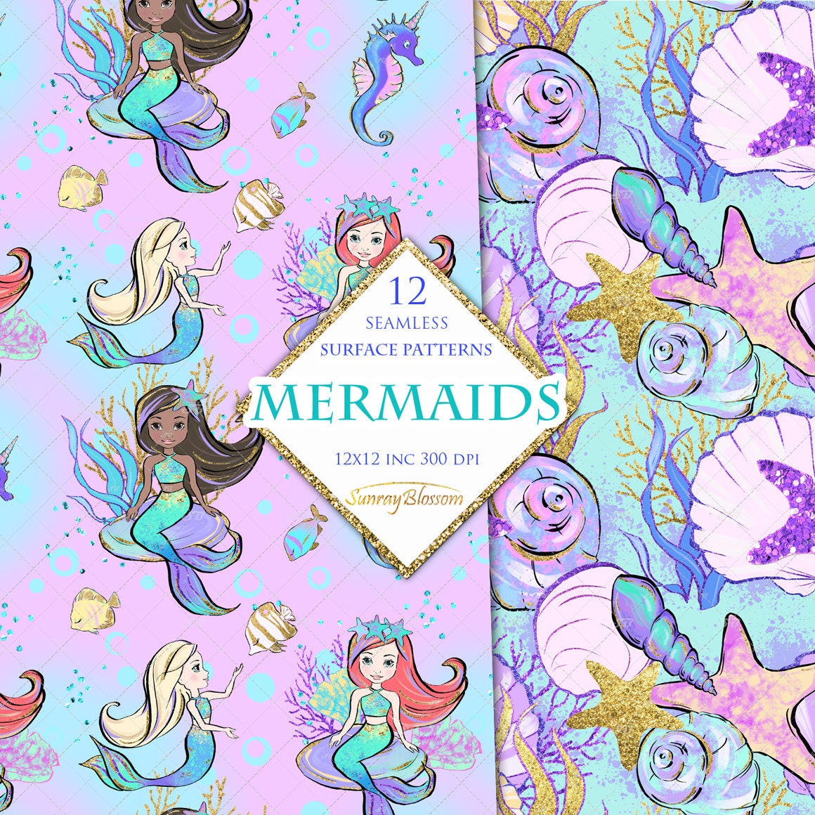 Mermaid Surface Patterns, Siren Digital Papers, Mermaids Fabric ...