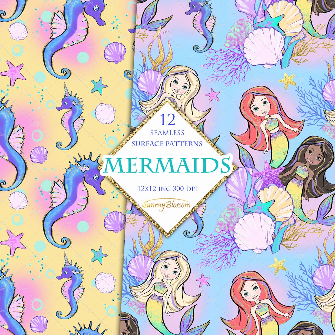 Mermaid Surface Patterns, Siren Digital Papers, Mermaids Fabric ...
