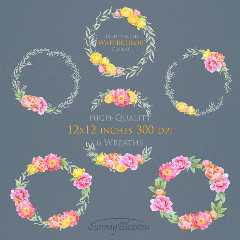 Peony Wreaths Watercolor Clipart Hand Painted Flowers Clip Art - Etsy