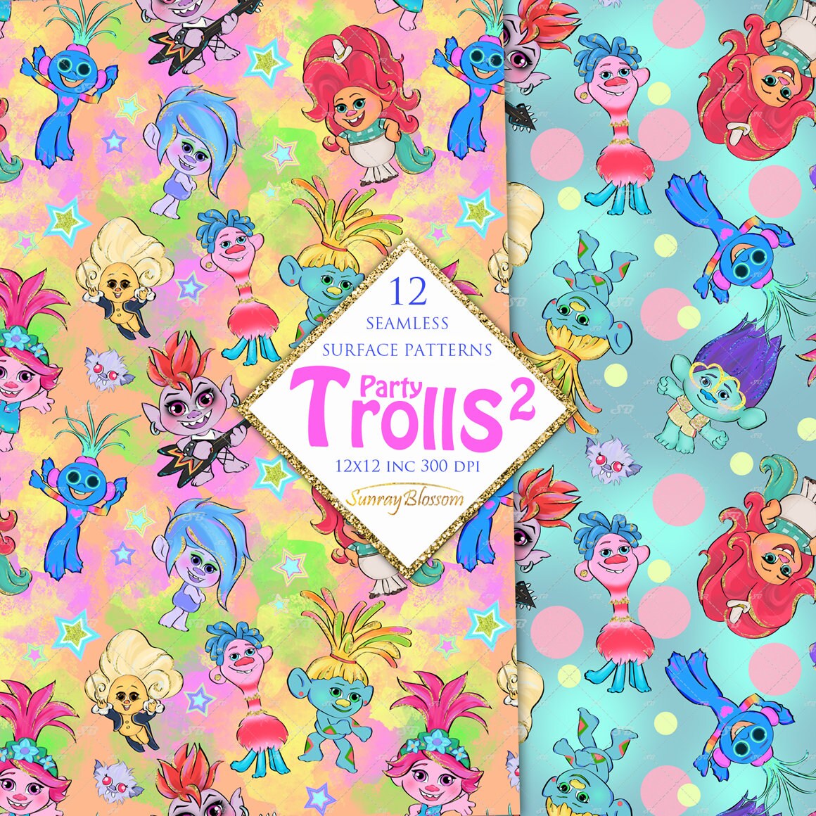 Party Trolls 2 Surface Patterns Trolls Digital Paper Trolls | Etsy