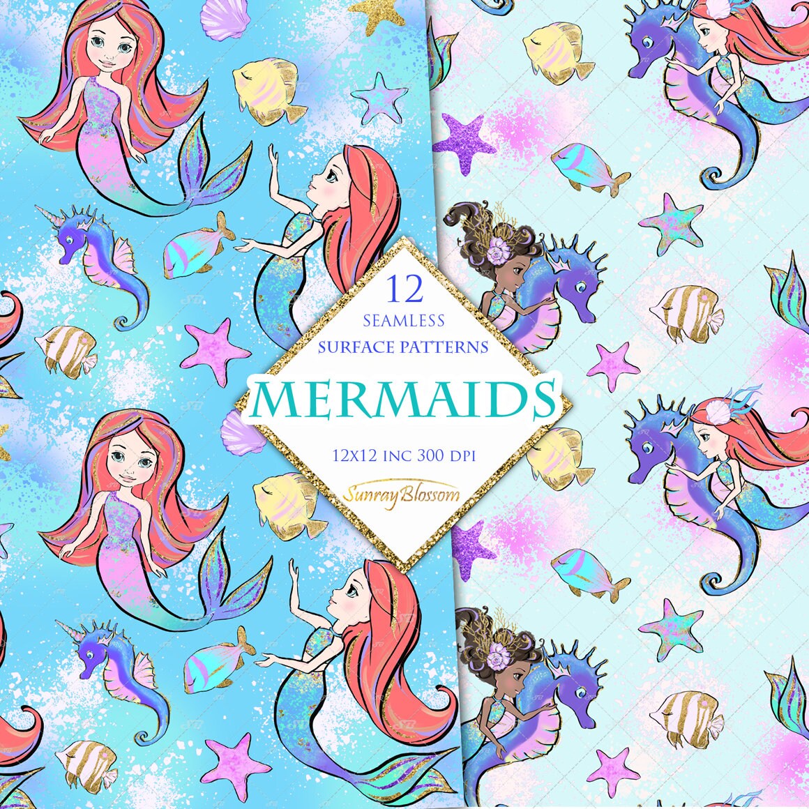 Mermaid Surface Patterns, Siren Digital Papers, Mermaids Fabric ...