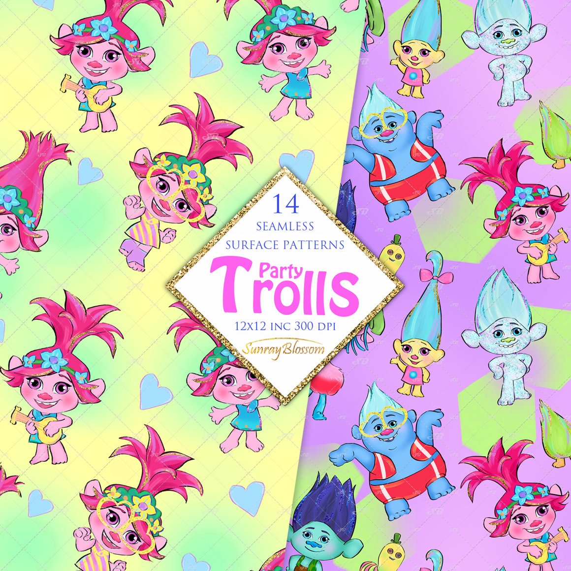 Party Trolls Surface Patterns, Trolls Digital Paper, Trolls Fabric ...