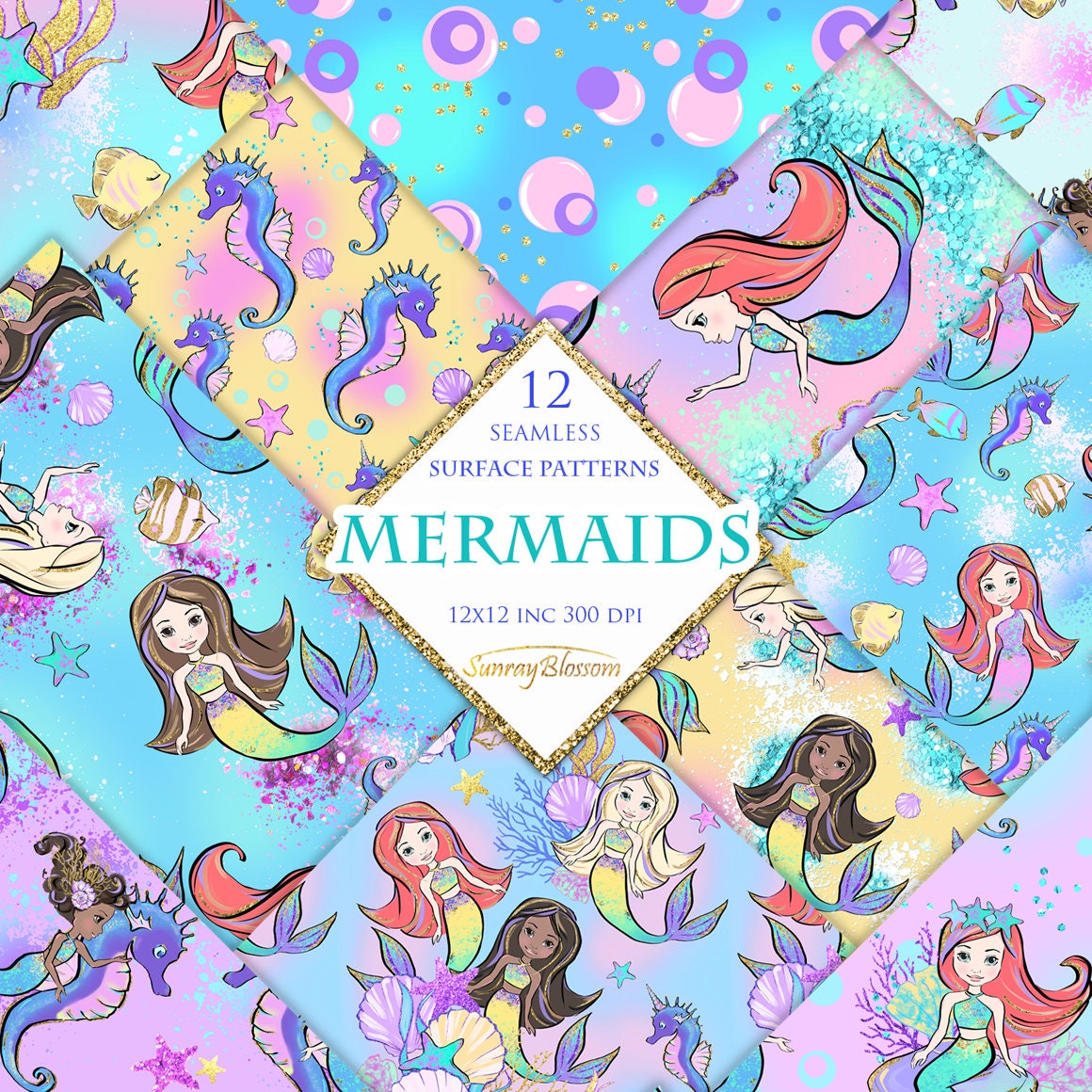 Mermaid Surface Patterns, Siren Digital Papers, Mermaids Fabric ...