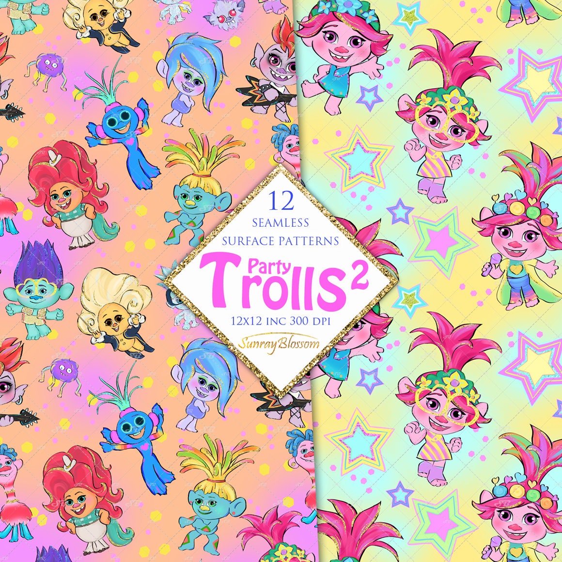 Party Trolls 2 Surface Patterns, Trolls Digital Paper, Trolls Fabric ...