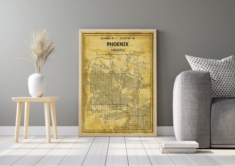 City of Phoenix Street Map - Unframed Graphic Art, Vintage Map, Arizona ...
