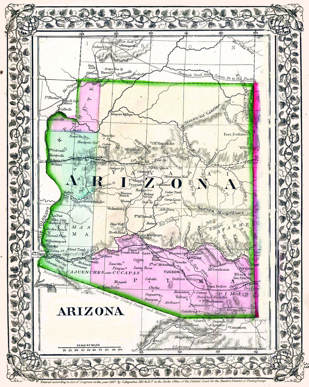 1867 Map of Arizona by Samuel Augustus Mitchell - Etsy